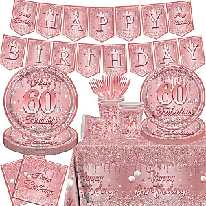 60th Birthday Rose Gold Supplies,142pcs Glitter Pink Rose Gold Tableware Include 60th Birthday Plates and Napkins Cups,Rose Gold Tablecloth Happy Birthday Banner for Women Happy 40th Birthday
