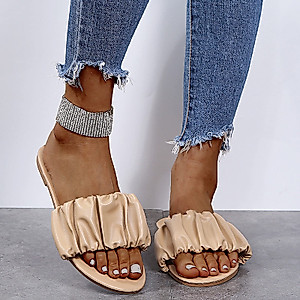 Bravetoshop Women's Open Toe Flat Sandals Slip On Slides Summer Casual Beach Slippers (Beige,5 US)