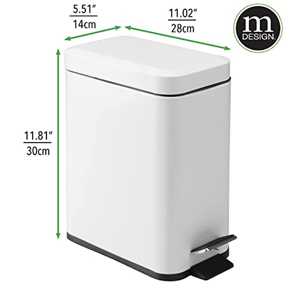 mDesign Small Modern 1.3 Gallon Rectangle Metal Lidded Step Trash Can, Compact Garbage Bin with Removable Liner Bucket and Handle for Bathroom, Kitchen, Craft Room, Office, Garage - White