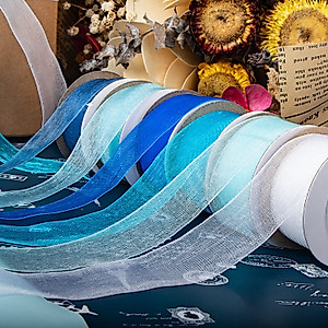 SOFIRE 6 Roll 1 Inch Wide Blue Organza Ribbon Christmas Ribbon Sheer Chiffon Ribbon for Gift Wrapping(Blue)
