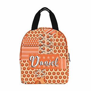 Custom Boys Insulated Lunch Bag with Name Reusable Lunch Bag for Teen Orange Basketball Personalized Lunch Totes Bags Cooler Lunch Bag for Kids Work School Picnic or Travel