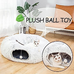 LUCKITTY Warm Fluffy Plush Cat Dog Tunnel Bed with Washable Cushion-Big Tube Playground Toys 3 FT Diameter Longer Crinkle Collapsible 3 Way, for Indoor Cat Kitty Kitten Puppy Rabbit Ferret White