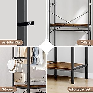 ZERDER Clothes Rack, Heavy Duty Garment Rack for Clothes, Clothing Racks with Shelves and 4 Side Hooks, Freestanding Metal Wooden Closet Organizer (Rustic Brown)