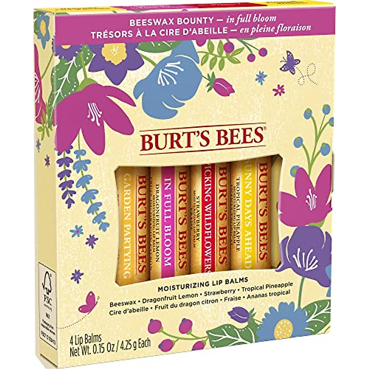 Burt's Bees Gifts, 4 Lip Balm Products, In Full Bloom Set - Original Beeswax, Dragonfruit Lemon, Tropical Pineapple & Strawberry (4 Pack)