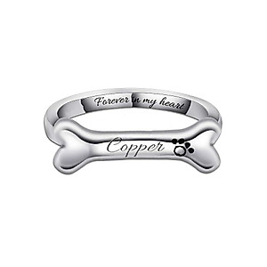 Elefezar Personalized Womens Pet Dog Bone Ring with Paw Printing Custom Name Band for Dog Lovers Silver
