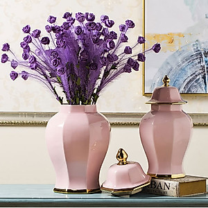 Handmade Pink Hexagon Ginger Jar Vase Ornament, Home & Living Room Decorative Jar, Gold-Plated Ceramic Temple Jar (Size : Large)