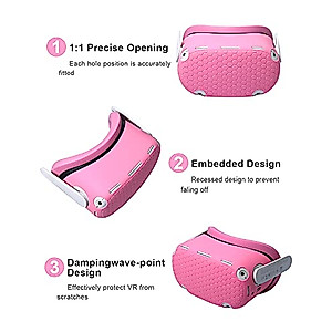 MODJUEGO VR Adjustable Head Strap for Oculus Quest 2 Accessories with Silicone Touch Controller Grip Cover,Barbie Pink 6 in1 VR Shell Protector Cover & VR Face Cover Replacement Set