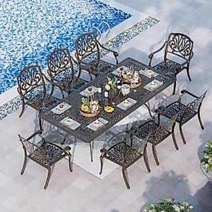 Grepatio 9 Piece Cast Aluminum Patio Furniture Set Outdoor Dining Set Bistro Furniture Set with 8 Armchairs and Dining Table for Backyard Garden (8 Flower Chairs Without Cushion)