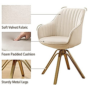 Art Leon Swivel Dining Chair, Set of 2, Office Chair No Wheels, Fabric Upholstered Kitchen Dining Room Chairs with Gold Legs, Mid Century Modern Accent Chair with Arms, Off White