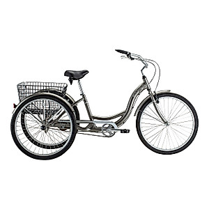 Schwinn Meridian Adult Tricycle Bike, Mens and Womens Three Wheel Beach Cruiser, 26-Inch Wheels, Low Step-Through Frame, Wide Seat, Rear Folding Basket, 1-Speed, Dark Silver