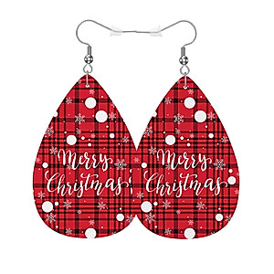 Vosach Merry Christmas Leather Teardrop Hook Earrings Winter Snowflakes Checkered Buffalo Plaid Elegant Earrings For Women Friends Dangle Earrings