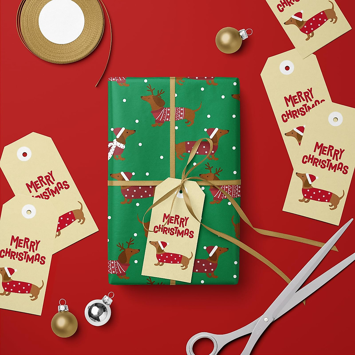 LeZakaa Christmas Green Wrapping Paper Roll - Dachshund Dressed in Festive customes, White Dots Xmas Green Design for Christmas, Holiday Party Gift Wrap - 17 inches x 16.4 Feet (23.2 sq.ft.)