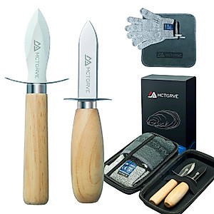 MCTGRVE Oyster Shucking Knife and Glove Set -Oyster Shucker Kit with 2pcs Oyster Knife 1pair of Level5 Protection Gloves 1pc Kitchen Cloth-Seafood Opener Tools in a Storage Bag (black) Great Gifts