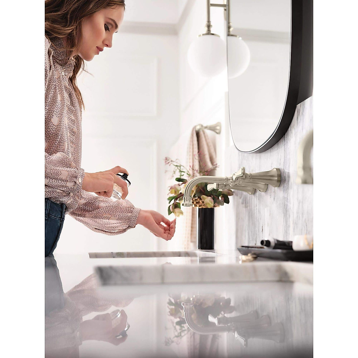 Moen TS44104BL Colinet Traditional Lever Handle Wall Mount Bathroom Faucet Trim, Valve Required, Matte Black