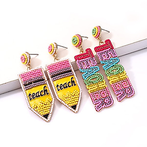 3 Pairs Pencil Earrings Teacher Earrings for Women Rhinestone Beaded Dangle Drop Earrings Colorful Teacher Appreciation Gift Back To School Jewelry Set (2 Pairs Letter)
