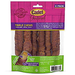 Cadet Gourmet Triple Chews Pork Hide, Apple, & Duck Dog Treats - Healthy Dog Treats for Small & Large Dogs - Inspected & Tested in USA (6 Count)