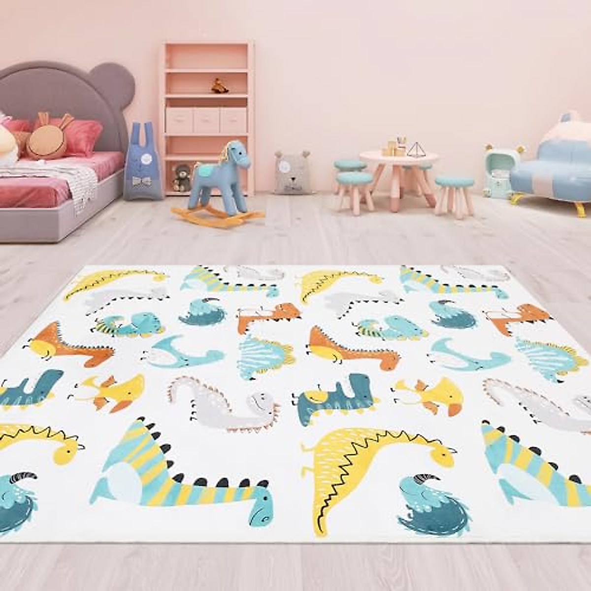 Kids Dinosaur Area Rug, Educational Playmats for Playroom Classroom, Colorful Non-Slip Carpets for Bedroom Dining Room Office, Boys Girls, 3x5
