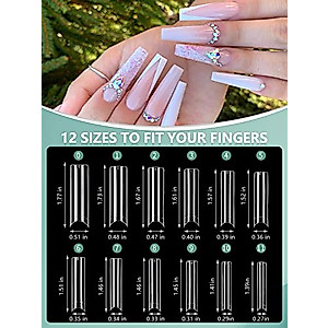 480PCS Extra Long NO C Curve Nail Tips XL, 2 Packs Natural and Clear Nail Tips for Acrylic Nails Professional Set, 12 Sizes Straight Tapered Square Press on False Nail Tips for Nail Art Salon Home DIY