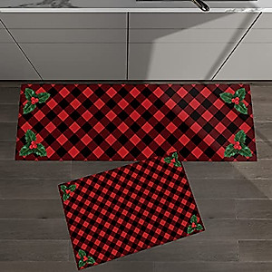 FDECOR Christmas Kitchen Mats Set of 2, Christmas Red Lattice Berry Cushioned Rugs Floor Mats for Kitchen Laundry,Non Slip Farmhouse Kitchen Runner Rugs Comfort Standing Mat, 19.7x31.5in+19.7x63in