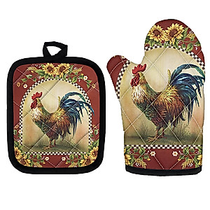 Biyejit Sunflower and Rooster Oven Mitts and Pot Holder Set of 2, Soft Pads Heat Resistant Kitchen Accessories Multi-use Cooking Protector Non-Slip Insulated Mats