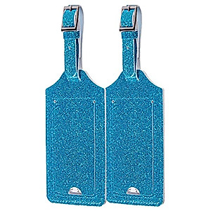 Gostwo 2 Pack Luggage Tags Leather Case Luggage Bag Tags Travel Tags(Glitter Blue)