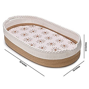 Baby Changing Basket - Handmade Cotton Rope Basket - Moses Table Topper – Includes Thick Foam Pad, Removable Waterproof Mattress Cover and Gender-Neutral Muslin Sheet - Diaper Changing Station