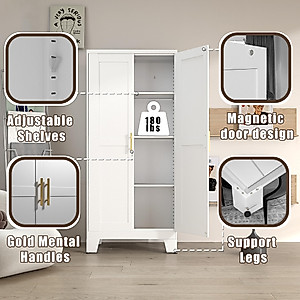 White Metal Pantry Cabinet with 2 Doors and Adjustable Shelves, 61" Kitchen Storage cabinets with Gold Handles, Versatile Storage for Laundry/Living/Dinning Room, Bathroom,Utility Room