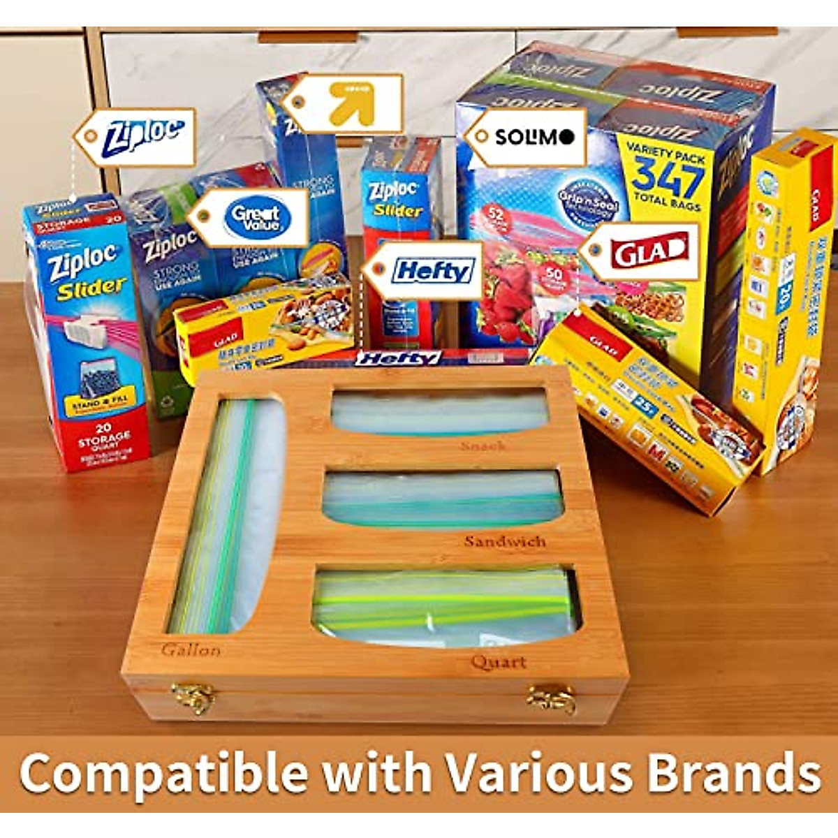 Bamboo Ziplock Bags Organizer for Kitchen Drawer - Food Storage Plastic Bag Dispenser Holder Containers, Openable Lid Wooden Organization Box for Gallon Snack Sandwich Quart Variety Size Baggies