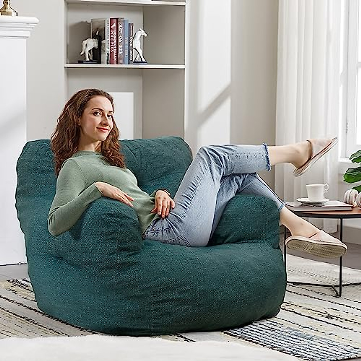 Recaceik Bean Bag Chairs, Soft Cotton Linen Bean Bag Chair with Filler, Fluffy Lazy Sofa, Comfy Cozy BeanBag Chair with Memory Foam for Small Spaces, Bedroom, Living Room, Dorm, Teal