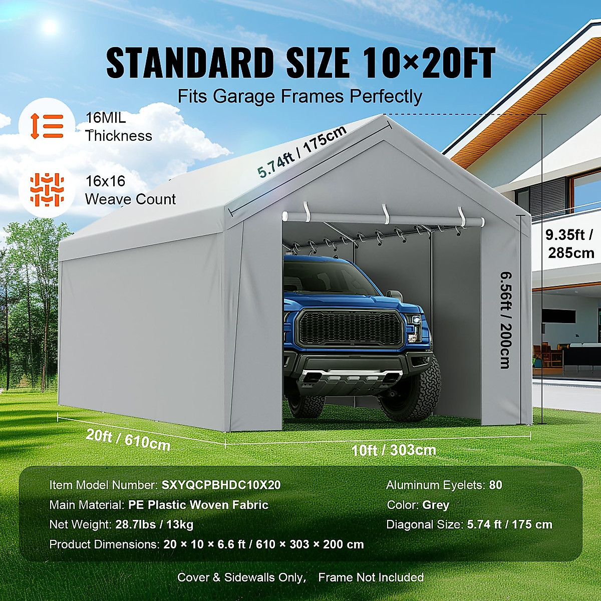 VEVOR Carport Replacement Canopy Cover Top + Side Wall 10 x 20 ft, Garage Tent Shelter Tarp Heavy-Duty Waterproof & UV Protected, Easy Installation with Ball Bungees,Grey (Frame Not Included)