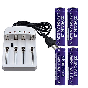 Shockli AA 3.2V Rechargeable Solar Battery with LiFePO4 Charger, AA 3.2 Volt LiFePO4 Solar Battery (4-Pack) for Solar Panel Outdoor Garden Lights
