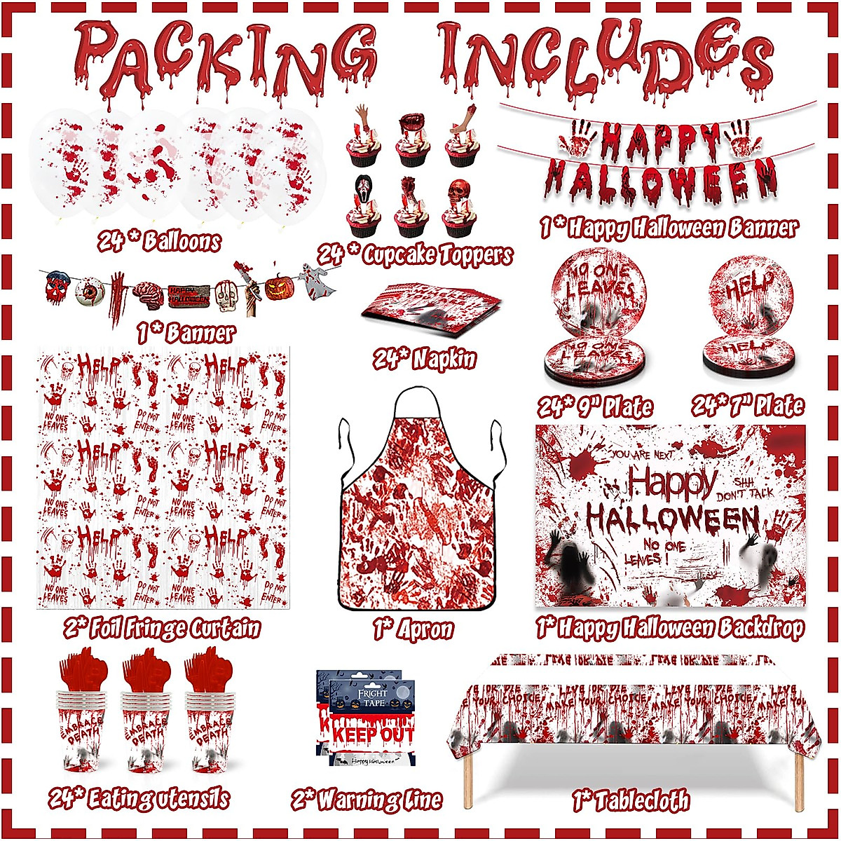 Halloween Party Supplies Tableware Set, Bloody Halloween Party Decorations, Halloween Scary Bloody Plates and Napkins Cups Plastic Tablecloth Dinnerware Set for Zombie Horror Theme Party Decorations