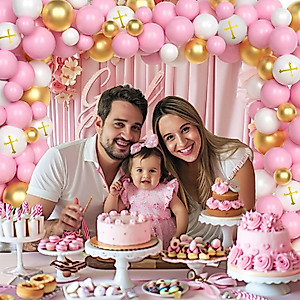 Hombae Baptism Decorations for Girls, Baptism Decorations, First Communion Christening Decorations Party Decorations for Baby Girl, Backdrop Tablecloth Balloon Banner Cake Cupcake Topper 112 PCS