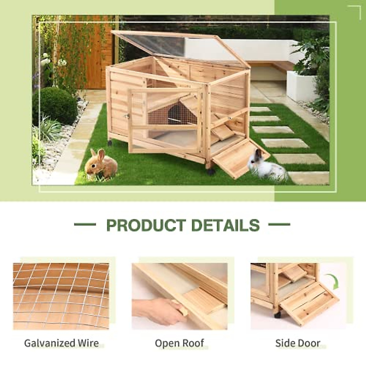 YOLENY Rabbit Hutch, Wooden Small Animal Cage, Bunny Hutch Indoor Rabbit Cage, Outdoor Guinea Pig Cage Hedgehog Cage, Removable Tray, Safety Lock, Galvanized Mesh Wires, Access Ramps