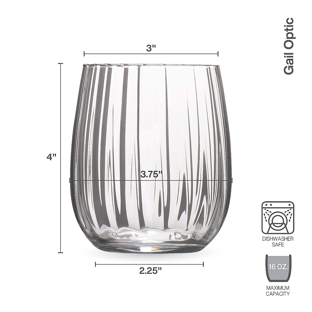 Mikasa Gail Optic Set of 4 Double Old Fashioned Stemless Glasses, 16-Ounce, Clear