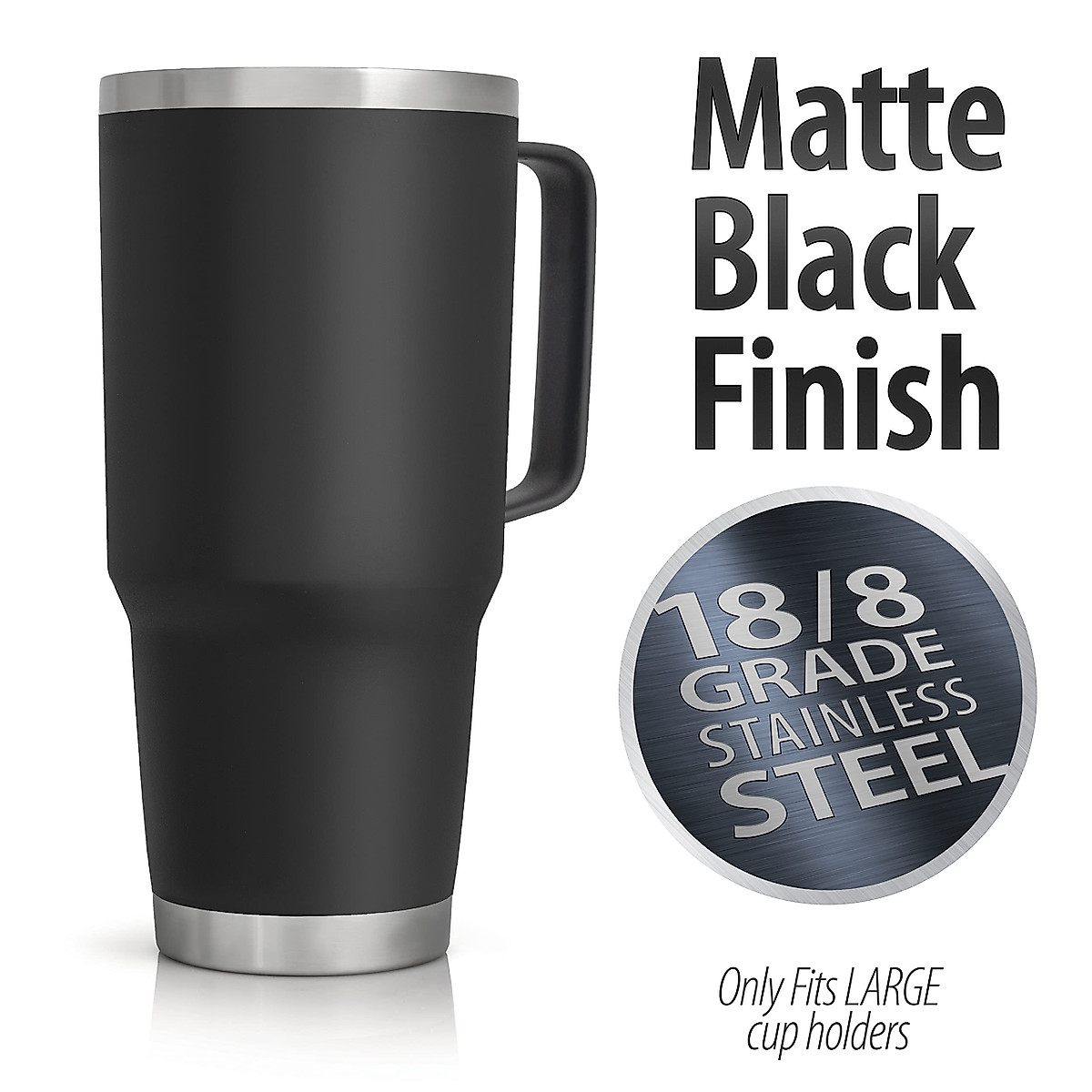 XPAC Double Vacuum Wall Stainless Steel Tumbler with Lid, 64 Ounce, With Handle, Black, Fits in a 4" Wide Car Beverage Holder