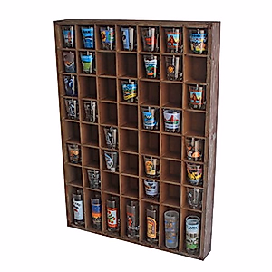 DisplayGifts Open Front Shot Glasses Display Case 56 Compartments Wall Mount Pint Glass Shadow Box Bar Collection or Small Items Display Shelving, No Cover on The Front, Rustic Brown Wood Frame