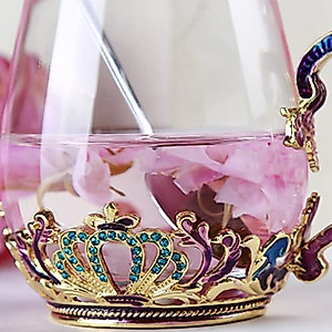 Youeon 12 Oz Enamel Glass Tea Cup with Lid and Spoon, Fancy Tea Cup with Crown, Clear Glass Cup with Gift Box, Handmade Glass Coffee Mug for Women, Girls, Birthday, Mother's Day, Valentines Day