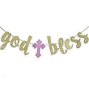 God Bless Banner, Baptism Garland Sign Gold Glitter for First Communion Christening Party Decorations Photo Props