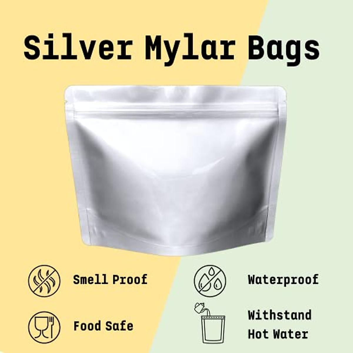 50 Pack 7.5 Mil Stand Up Bags - Resealable Smell Proof Bag withstand Hot Water for Meal Ready to Eat, Camping, Hiking - Foil Sealable Zipper Pouch for Food Storage (8.5x6.5 Inches, Glossy Silver)