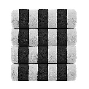 BY LORA Terry Cotton Cabana Stripe Beach and Pool Towels, Black White Color Set of 4