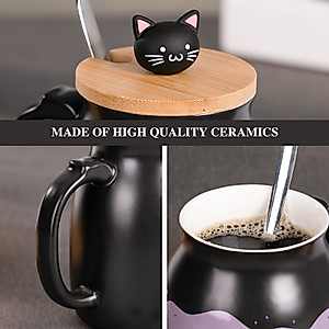 YUESHICO Witches coffee mug - Witch Ceramic Coffee Cup with Black Cat Bamboo Lid Stainless Steel Spoon, Novelty Morning Cup Tea Milk Christmas Halloween Mug Gift 420ML (Black)
