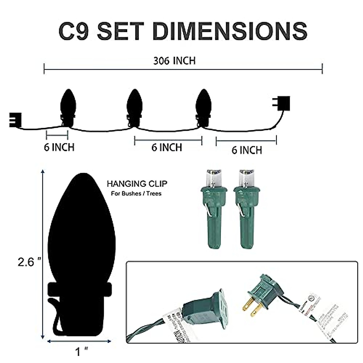 Dazzle Bright 24.5 FT St. Patrick's Day C9 String Lights, 50 LED 120V Extendable Green Wire Fairy Lights Outdoor with UL Certified for Patio Xmas Tree Wedding Yard Home Party House Decorations (Green)