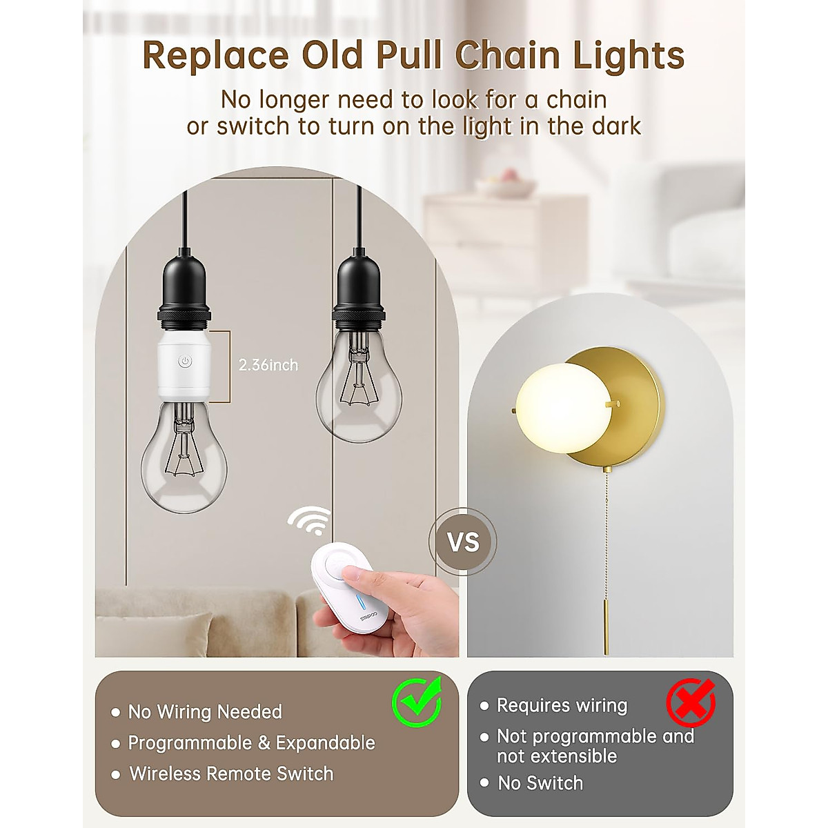 Remote Control Light Socket E26/E27 Bulb Base Holder, Wireless Light Switch for Pull Chain Light Fixtures, 300FT RF Range, No Wiring Wireless Light Switch for 500W Light Fixtures