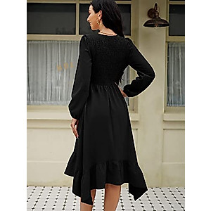 ZAFUL Women's Deep V Neck Smocked Flutter Hem Drawstring Tie Front Long Sleeve Flowy Midi A-Line Dress with Pockets Black