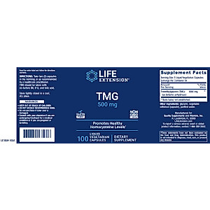 Life Extension TMG 500mg, 100 Liquid Veg Caps - Trimethylglycine (Glycine Betaine) Supplement - Gluten Free, Non-GMO, Vegetarian