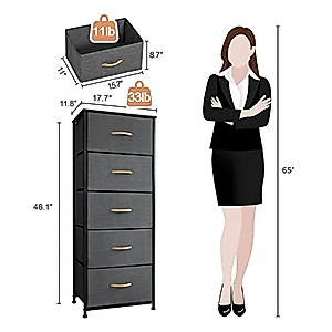 Crestlive Products Vertical Dresser Storage Tower - Sturdy Steel Frame, Wood Top, Easy Pull Fabric Bins, Wood Handles - Organizer Unit for Bedroom, Hallway, Entryway, Closets - 5 Drawers (Gray)