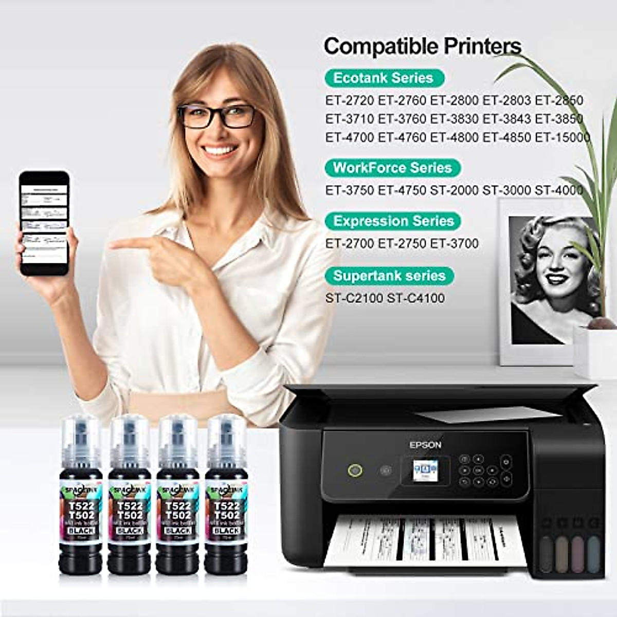 Spaceink T502 T522 Ink Refill Black for Ecotank ET-2720 ET-2760 ET-2800 ET-15000 ET-3760 ET-2750 ET-4800 ET-4760 ST-2000 ET4850 ET-2850 Priter(Black*4 Pack)