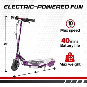Razor Kids Ride On 24 Volt Motorized Rechargeable Electric Scooter Toy with Brakes and Pneumatic Tires for Kids Ages 8 and Up, Purple