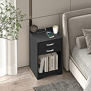 hosote Nightstands Set of 2, Black Nightstand with Charging Station USB Port, Night Stand Bedside Table Bed Side Table End Table Sofa Table with Storage Drawers for Bedroom Living Room